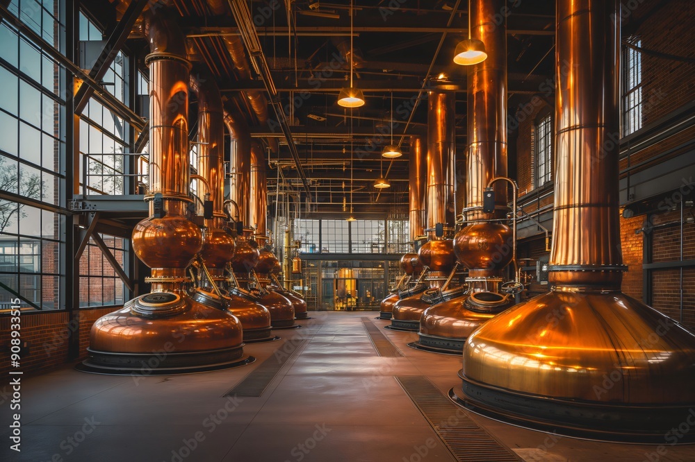 Series of copper stills are producing spirits in this large distillery ...