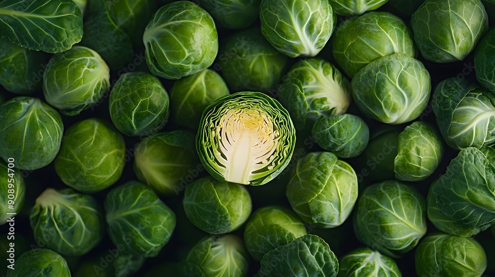 Fresh Brussels sprouts, vibrant green color, one sprout cut in half ...