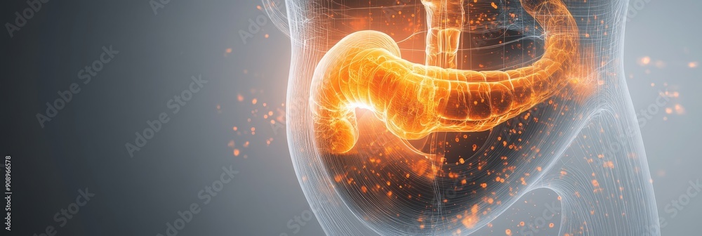 This 3D illustration depicts the human digestive system, showcasing the ...