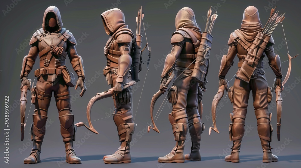A highly detailed 3D model of an archer character shown from multiple ...