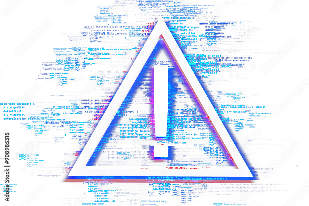 Digital warning icon with an exclamation mark overlaid on a blurred ...