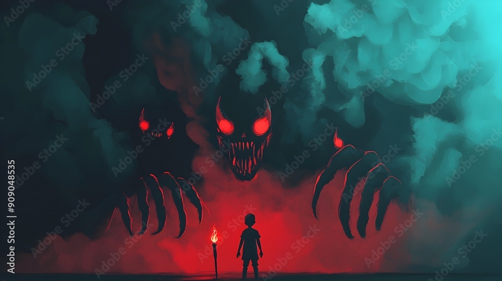 Dark Fantasy Concept of Boy Facing Smoke Monsters with Demon Horns in ...