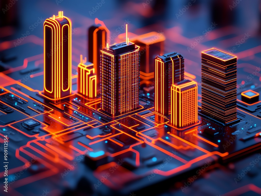 Network of buildings connected by glowing circuits, representing smart ...