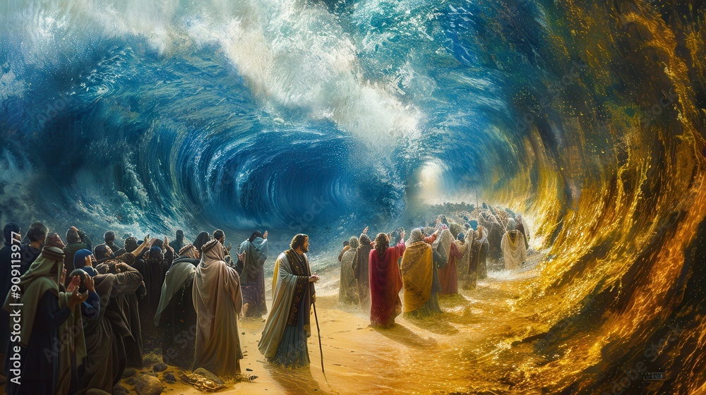 The dramatic moment of the Exodus from Egypt when Moses parts the Red ...