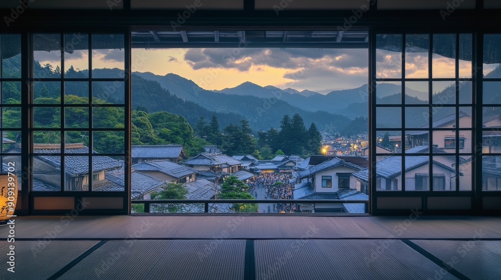 Quiet room with a view of a Japanese garden. Morning view of a ...
