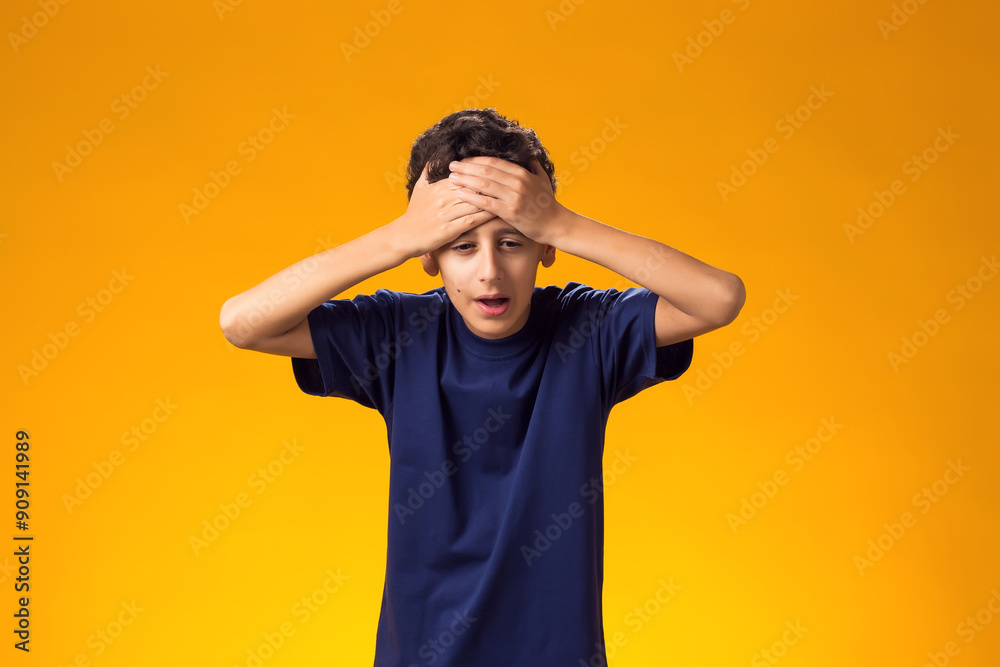 Stressed sad boy hands on temples, head spinning around, overwhelmed at ...