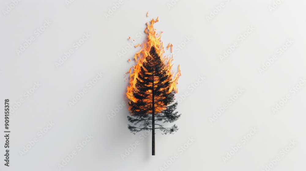 Burning forest tree, isolated on white background, symbolizing ...