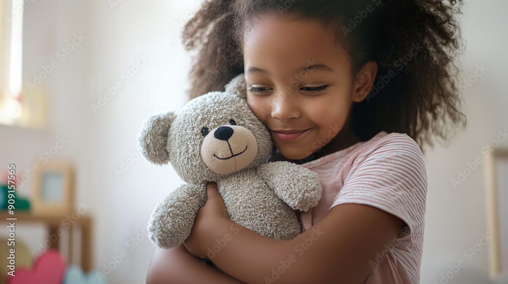 cute little black girl with autism hugging her plush toy tightly ...