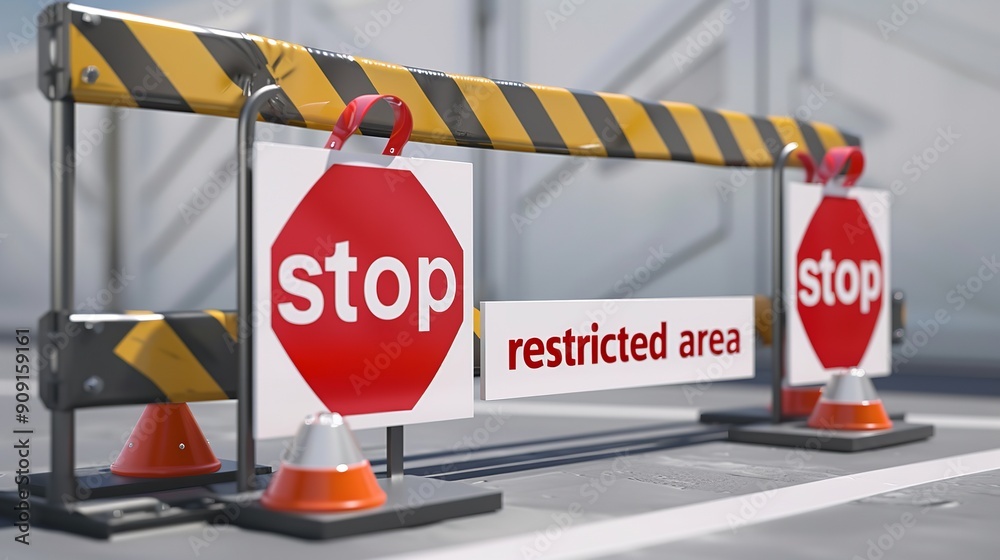 Stop sign and gate barrier combination. "Stop restricted area" graphic ...