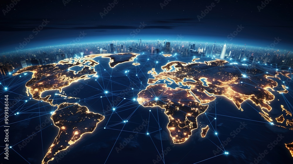 A global map with animated communication lines and data points ...