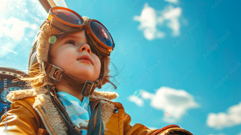 A young child dressed as a pilot, wearing an aviation jacket and ...