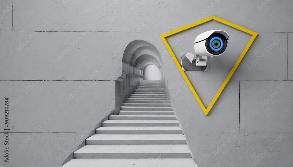 A modern surveillance camera mounted in an abstract hallway ...
