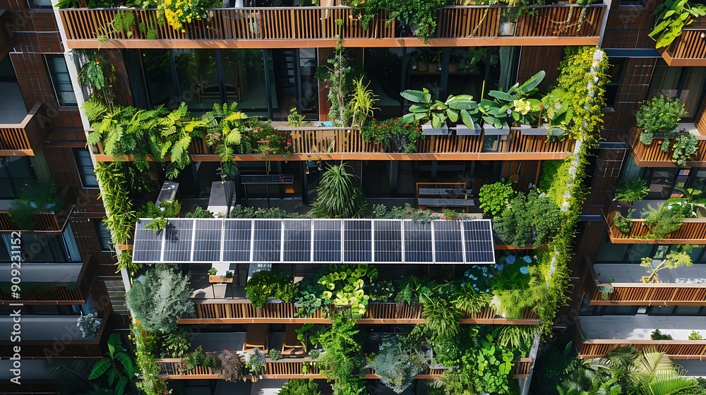 Solar panels on balcony of apartment building growing greenery in ...