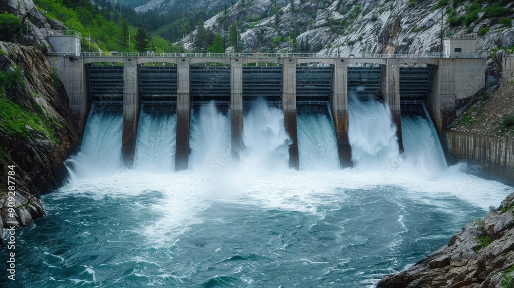 A concrete dam with multiple spillways releases a torrent of water ...