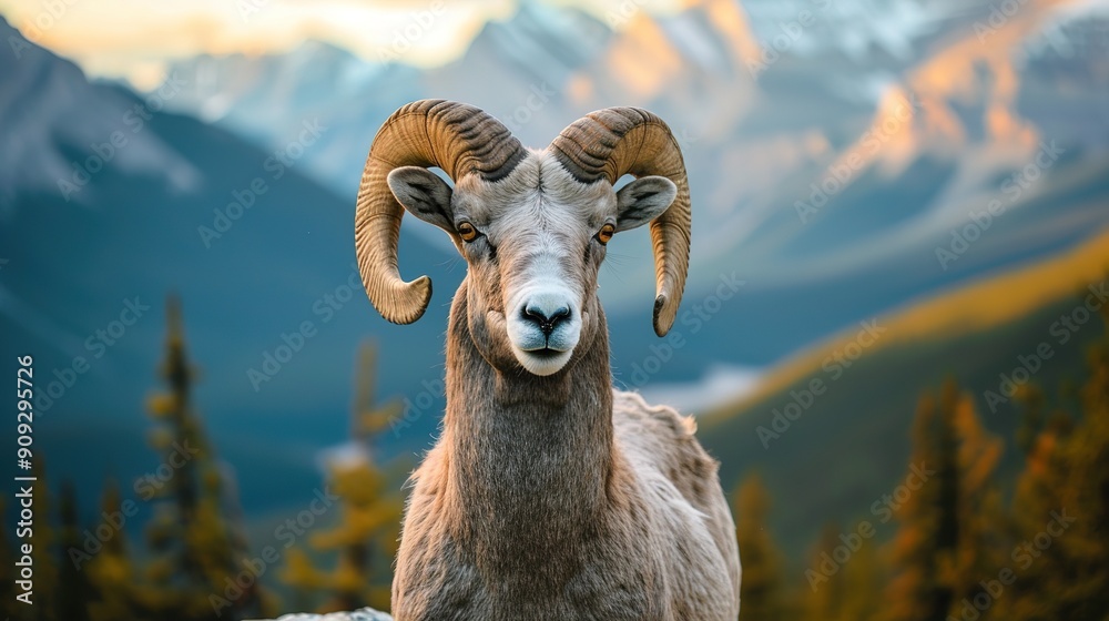 Standing BigHorn Sheep (Ovis canadensis) ram portrait. Canadian Rockies ...
