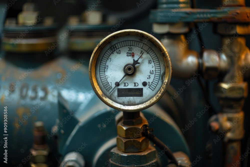 Closeup of a vintage industrial pressure gauge with worn brass texture ...