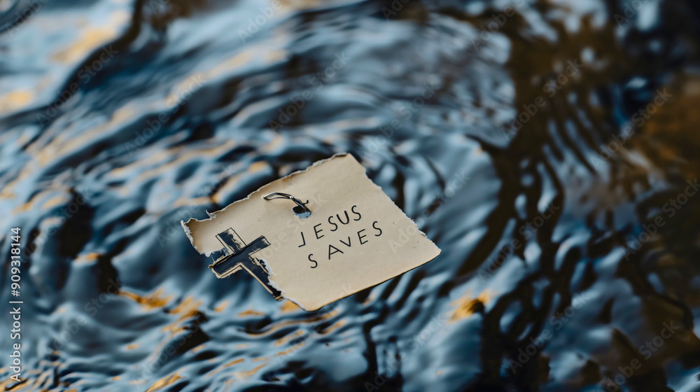 Paper note with Christian cross symbol and text Jesus saves floating on ...