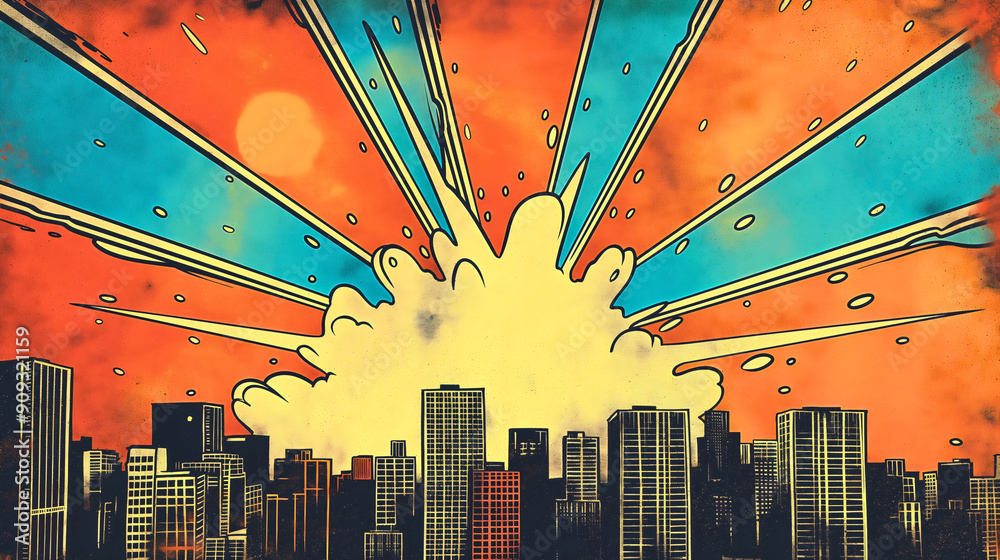 Retro vintage comic book illustration with cityscape buildings ...