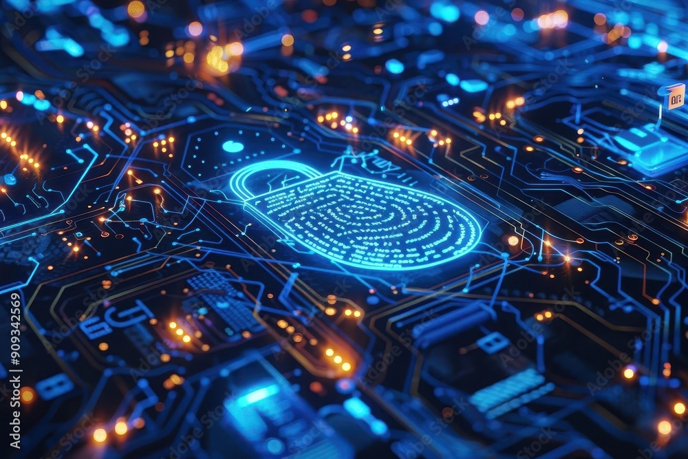 cybersecurity concept with glowing blue fingerprint binary code overlay padlock icon futuristic ...