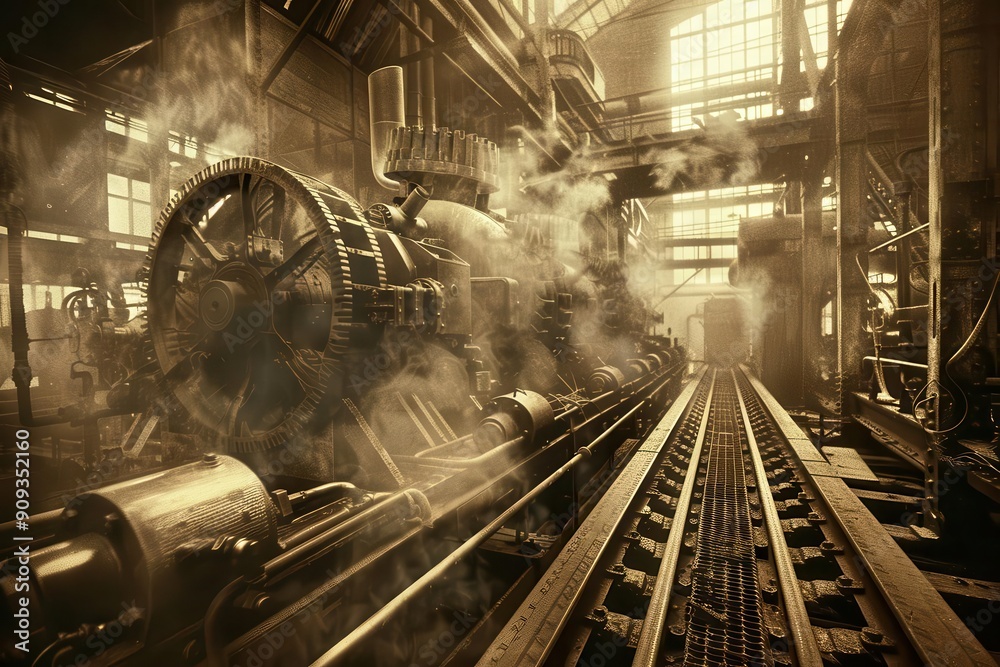 dramatic industrial scene of a 1920s assembly line workers operating ...