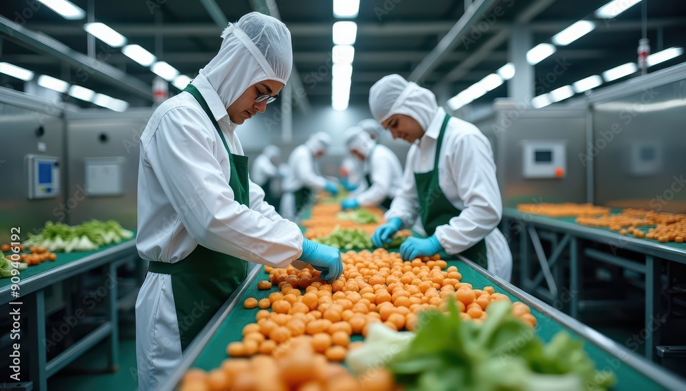 Foto Workers in a Food Processing Plant Sorting Produce. do Stock ...