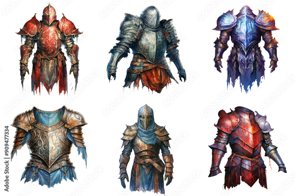 Six Ornate Knight Armor Sets with Varying Colors and Details Stock ...