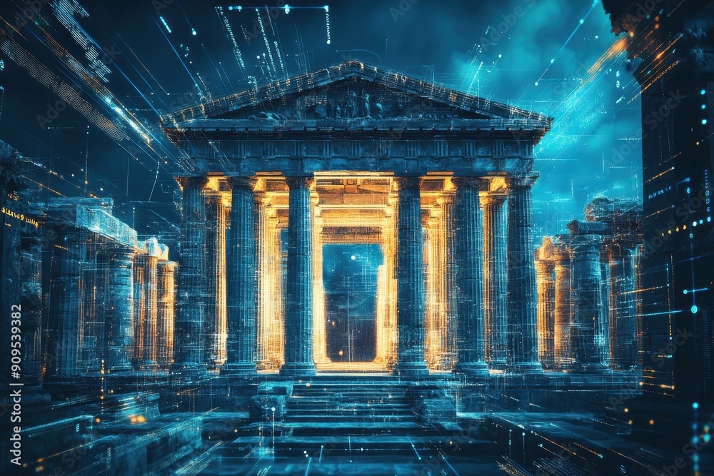 Abstract hologram of ancient greek architecture with pillars and arches ...