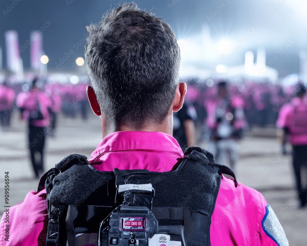 Male Security Personnel Guiding Diverse Crowd During Nighttime ...