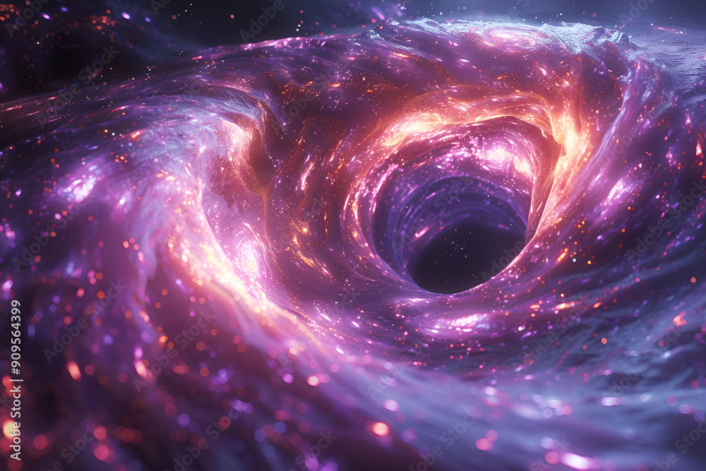 A black hole at the centre of a purple vortex, illustrating the ...