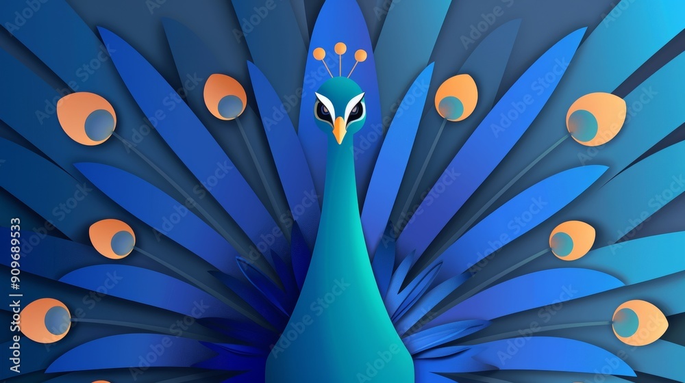 Basic 2D vector illustration of a peacock with its feathers spread wide ...