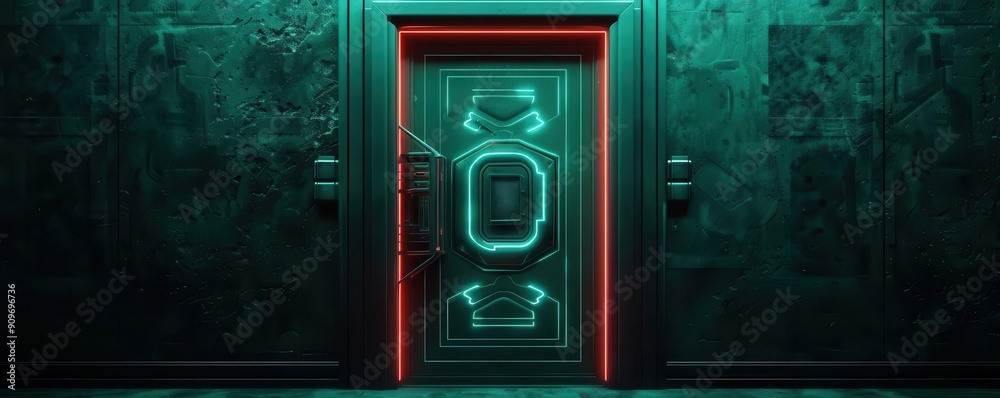 A mysterious door in an abandoned mansion, with glowing, alien symbols ...