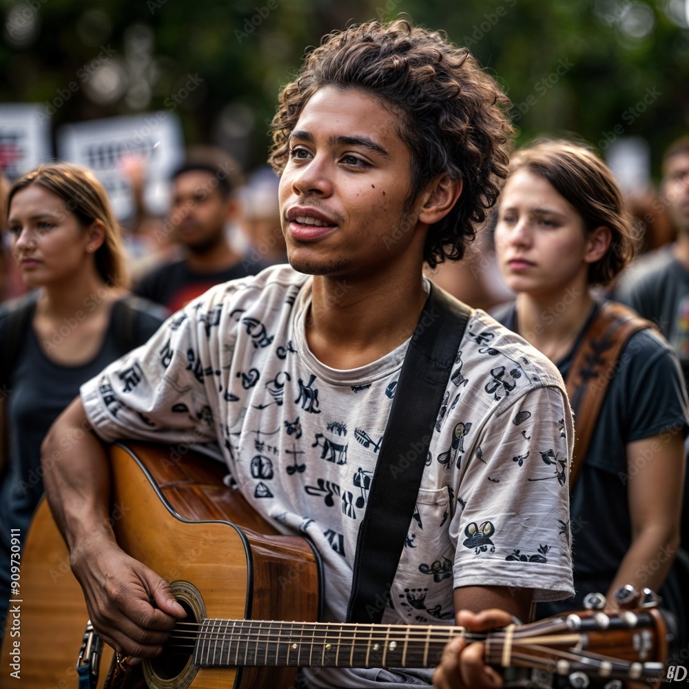 emotional power of music in activism. activist playing an acoustic ...