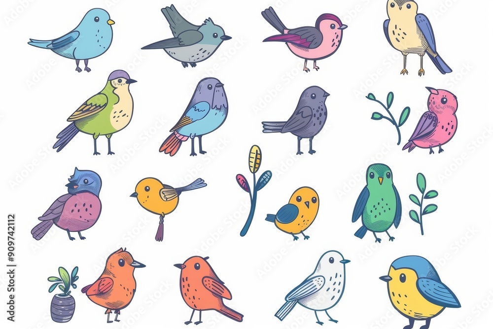 Bird doodle icon set, sparrow symbols, bird sign collection, sketched ...