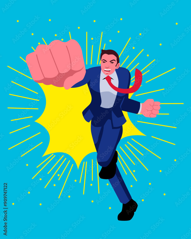 Cartoon businessman delivering a powerful punch with a dynamic comic ...