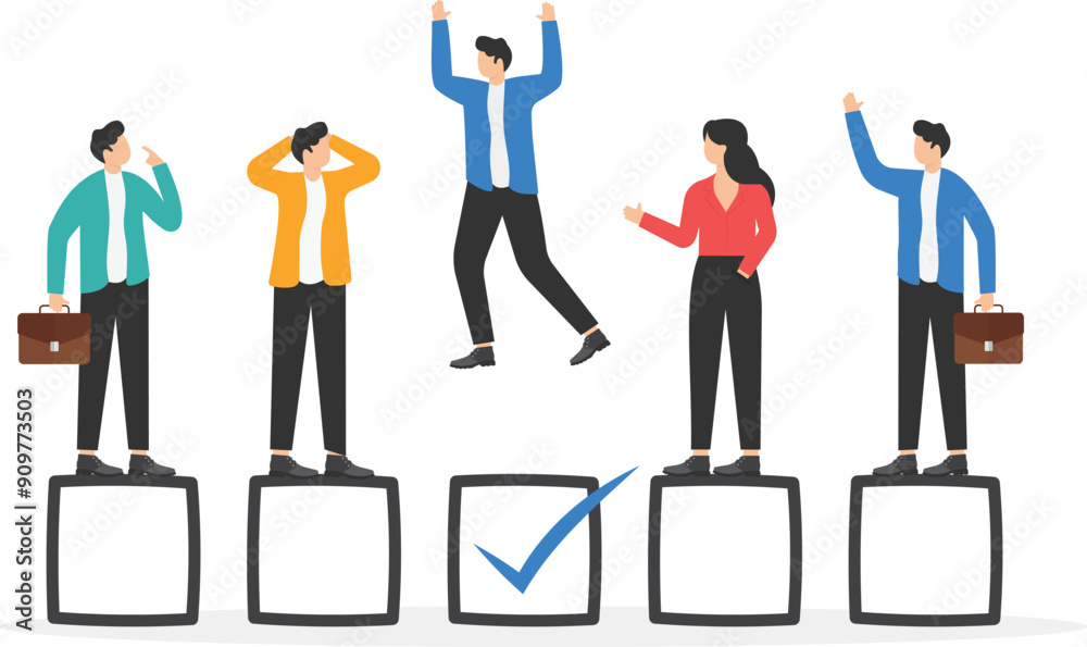men and women in business clothes and check mark icon opposite one of ...