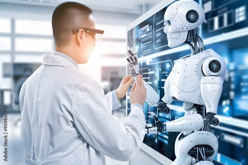 Scientist collaborating on a high-tech robotic project in a modern lab. Progress and future ...