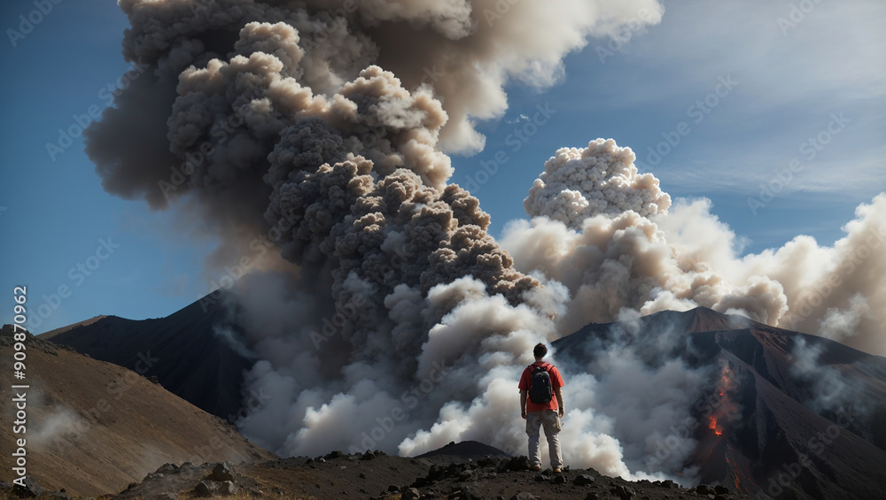 person stands on a mountain with a large volcano erupting behind them ...