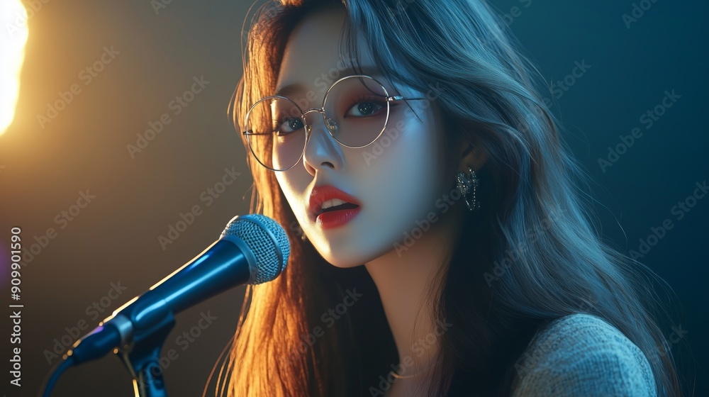Beautiful Korean Female Singer Holding Microphone and Singing Moodily ...