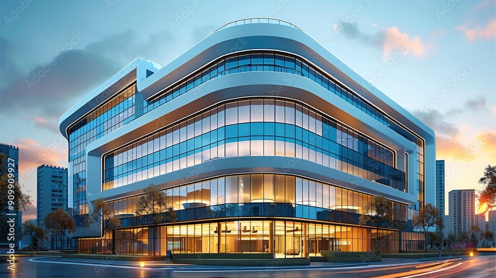 Design of a three-story medical center with a glass curtain wall facade ...