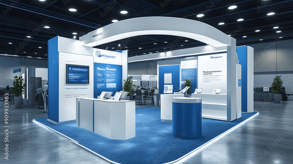 Clean exhibition booth with informational displays and promotional ...