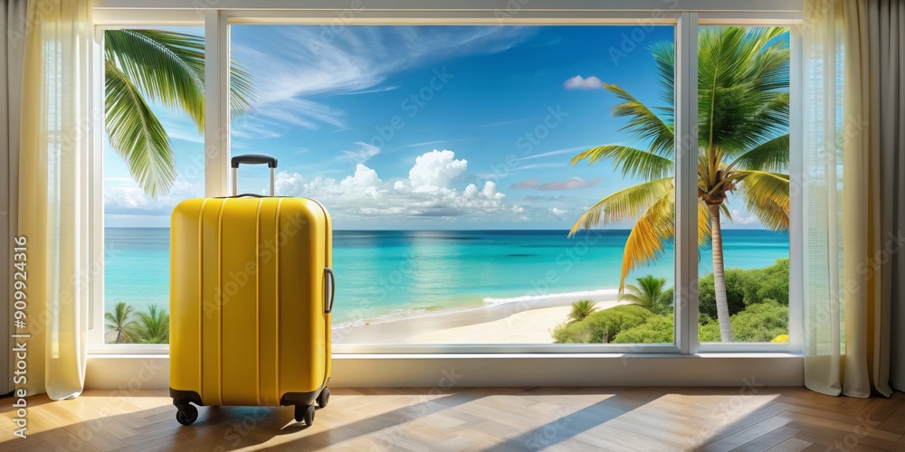 Elegant yellow suitcase sits on luxurious hotel room window ledge ...