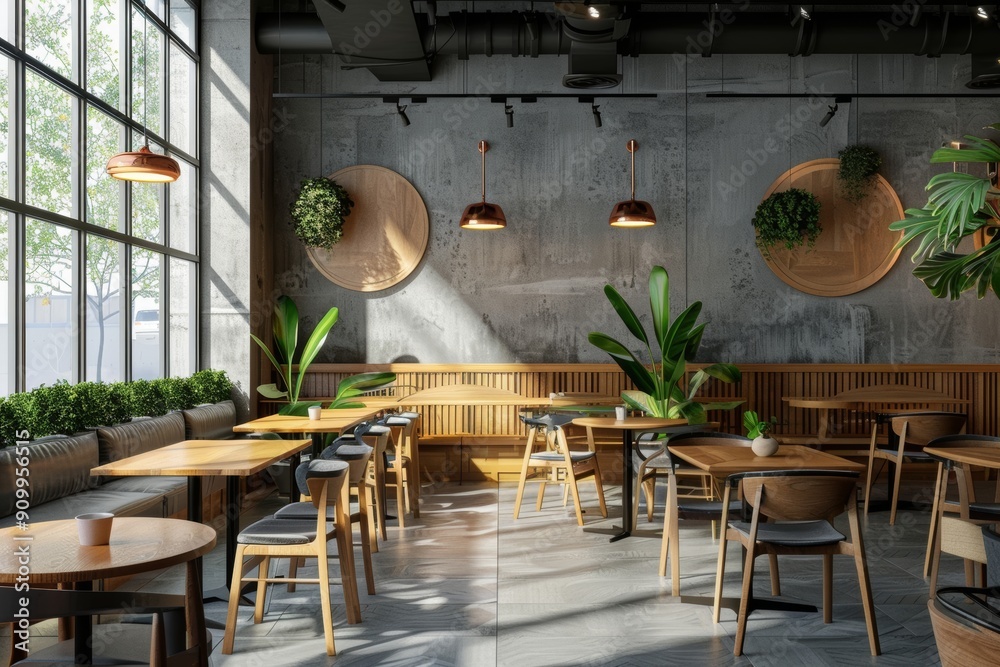 A stylish cafeteria interior with wooden tables and chairs, large ...