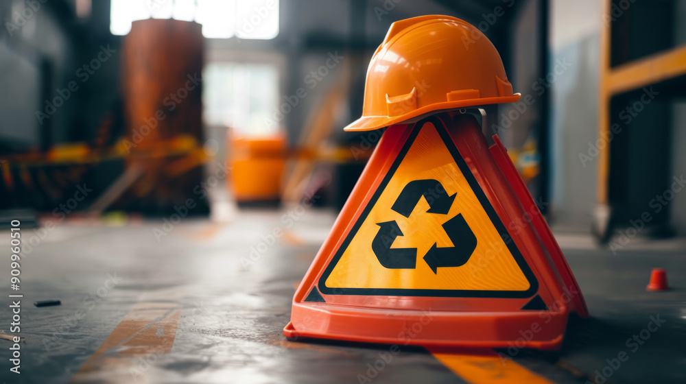 Safety alert sign displaying recycling symbol in industrial facility ...