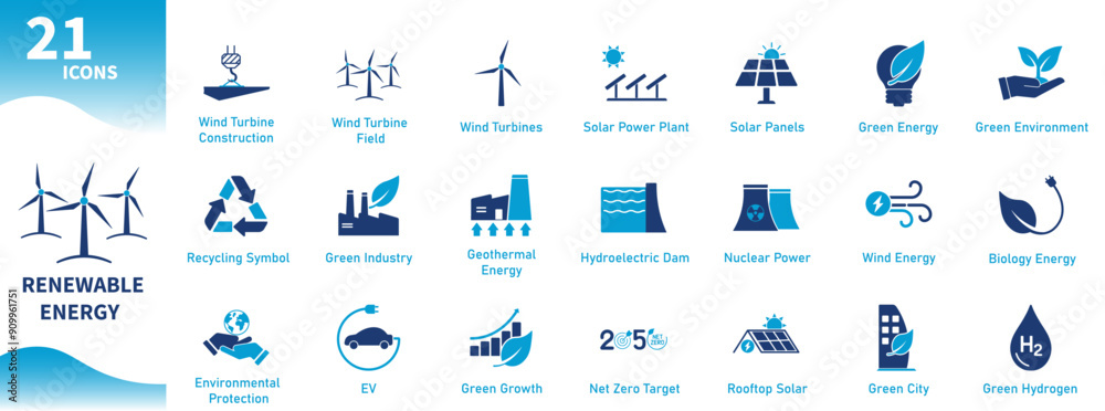 Renewable Energy Icons. Set of flat icons on environment, electricity ...