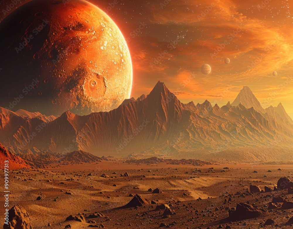 Mars desert landscape with mountains and planets in the sky Stock Photo ...