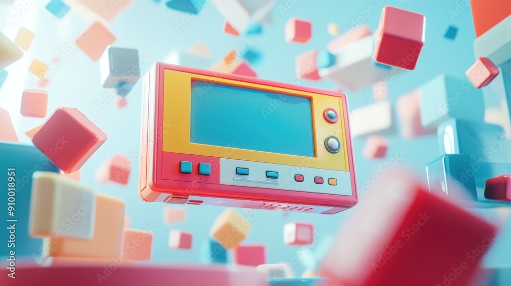 A stylized 3D animation featuring a pop art-styled gaming console, with ...