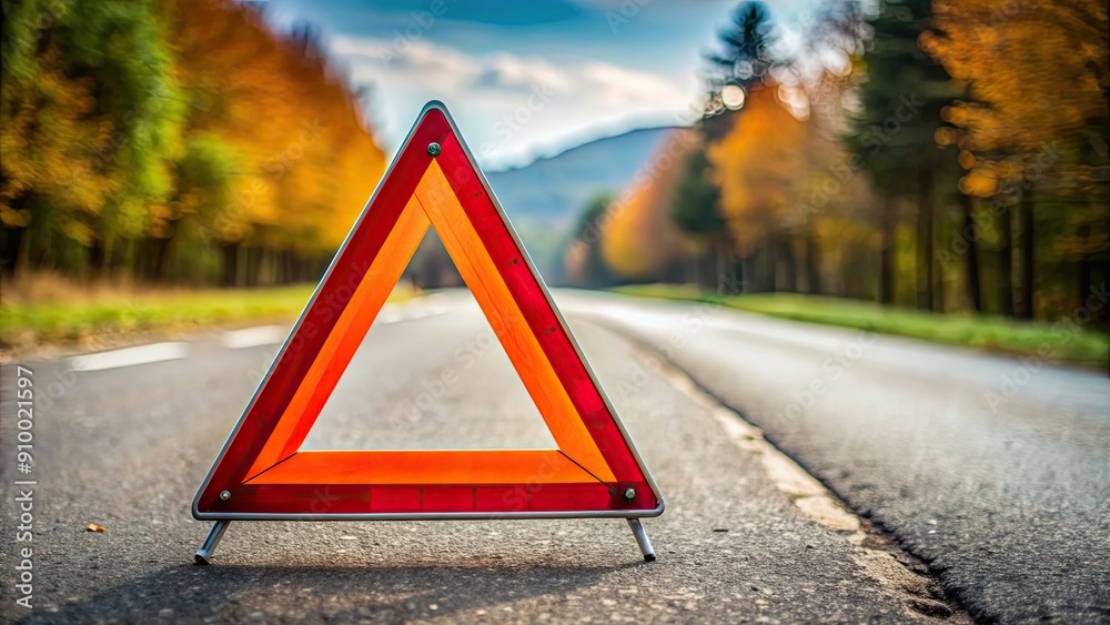 Warning triangle sign on the side of the road , safety, caution, danger ...