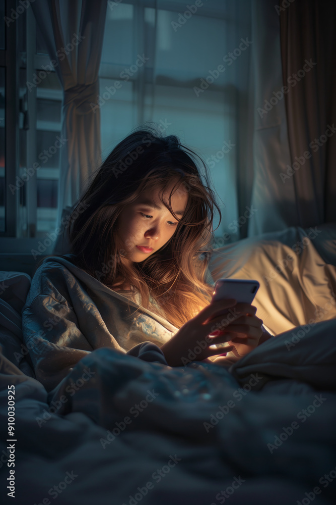 Sad person checking their smartphone at night. Woman scrolling through social media on her phone ...