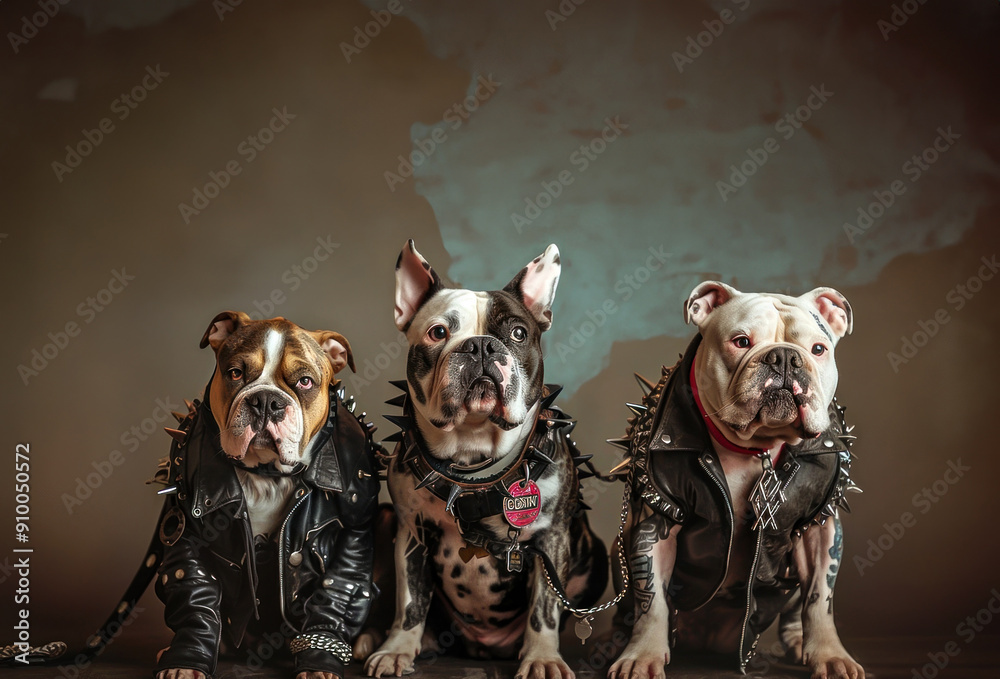Trois chiens de type American Bully portant une tenue punk avec des ...