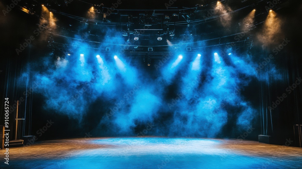Mystical blue stage lighting with smoke on empty theater platform Stock ...